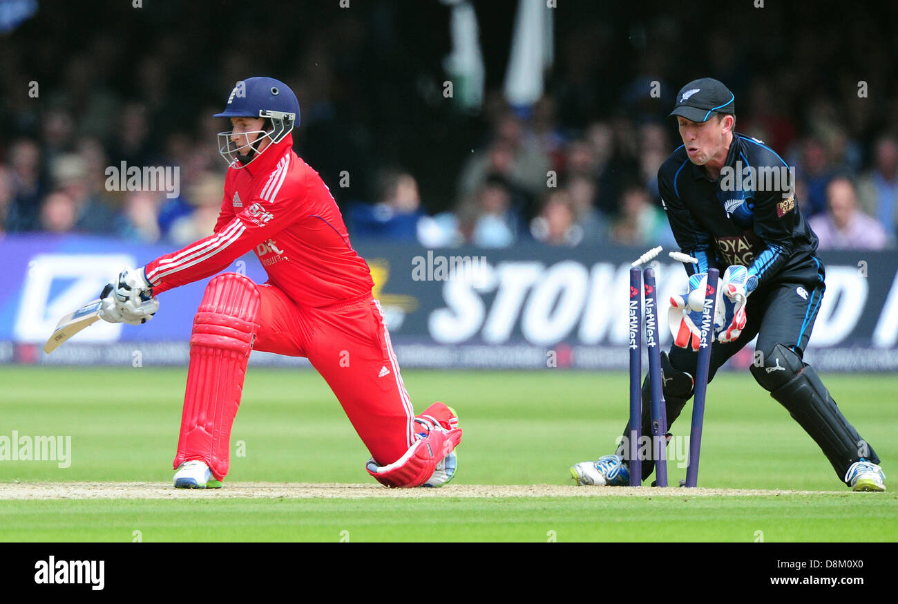 London, UK. 31st May 2013. Joe Root bowled attempting a reverse sweep ...