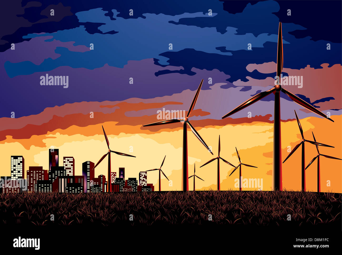 Electrical windmill over evening cityscape scene Stock Photo - Alamy