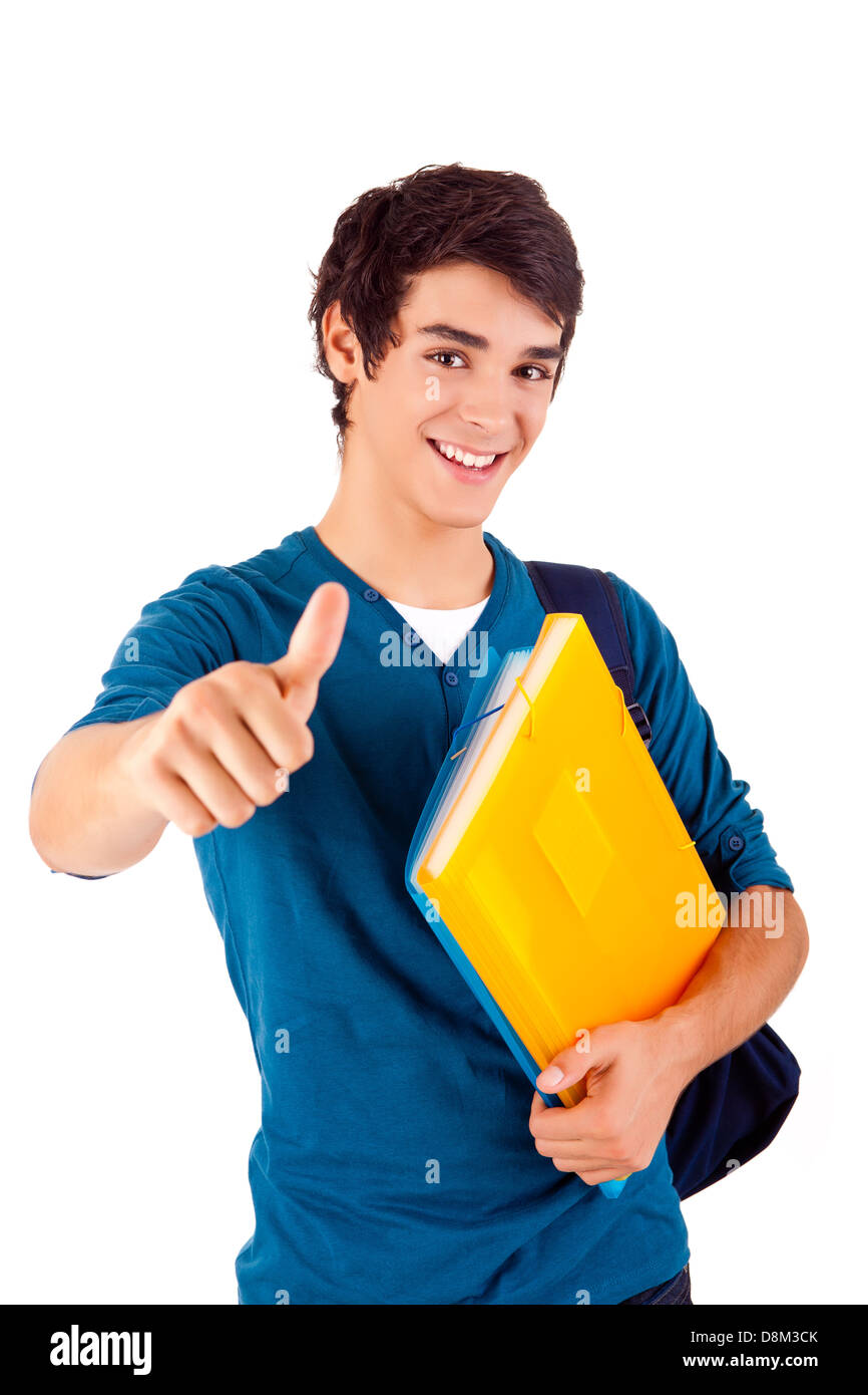 Young happy student showing thumbs up over white background Stock Photo ...