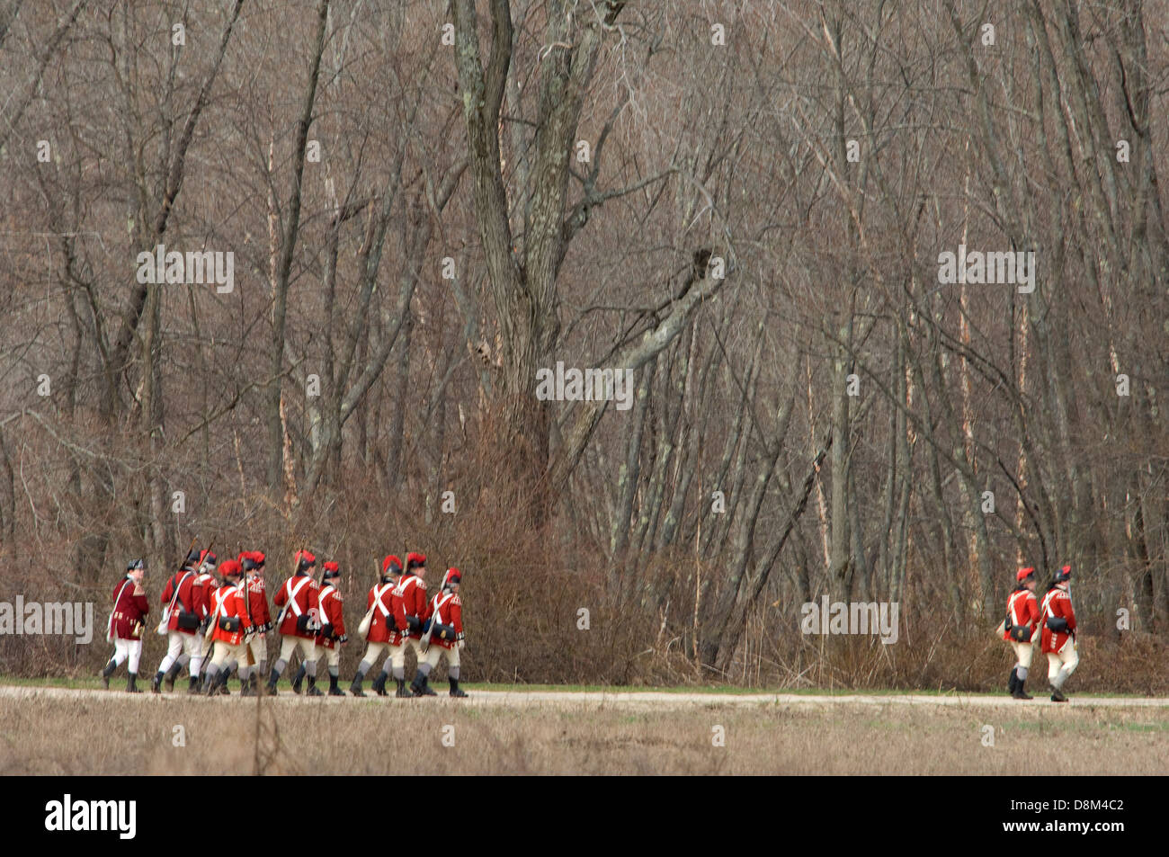 British redcoat reenactors marching to engage the colonial minutemen in ...