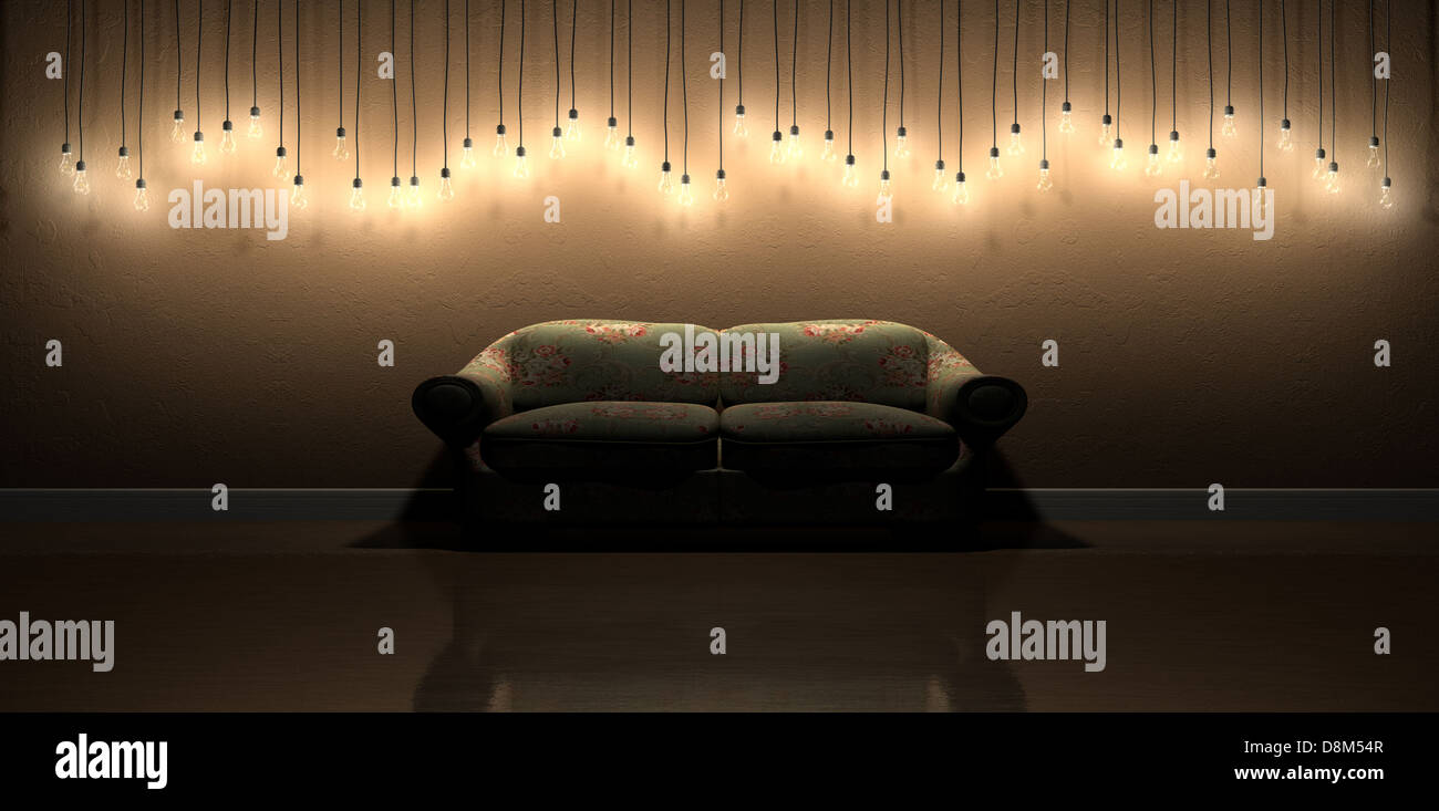 A perspective view row of modern display of illuminated hanging light ...