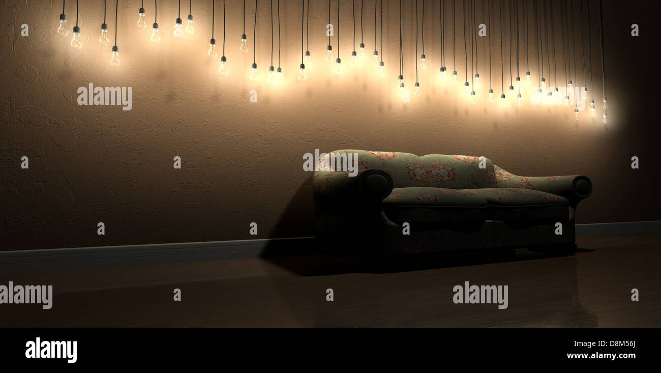 A perspective view row of modern display of illuminated hanging light ...