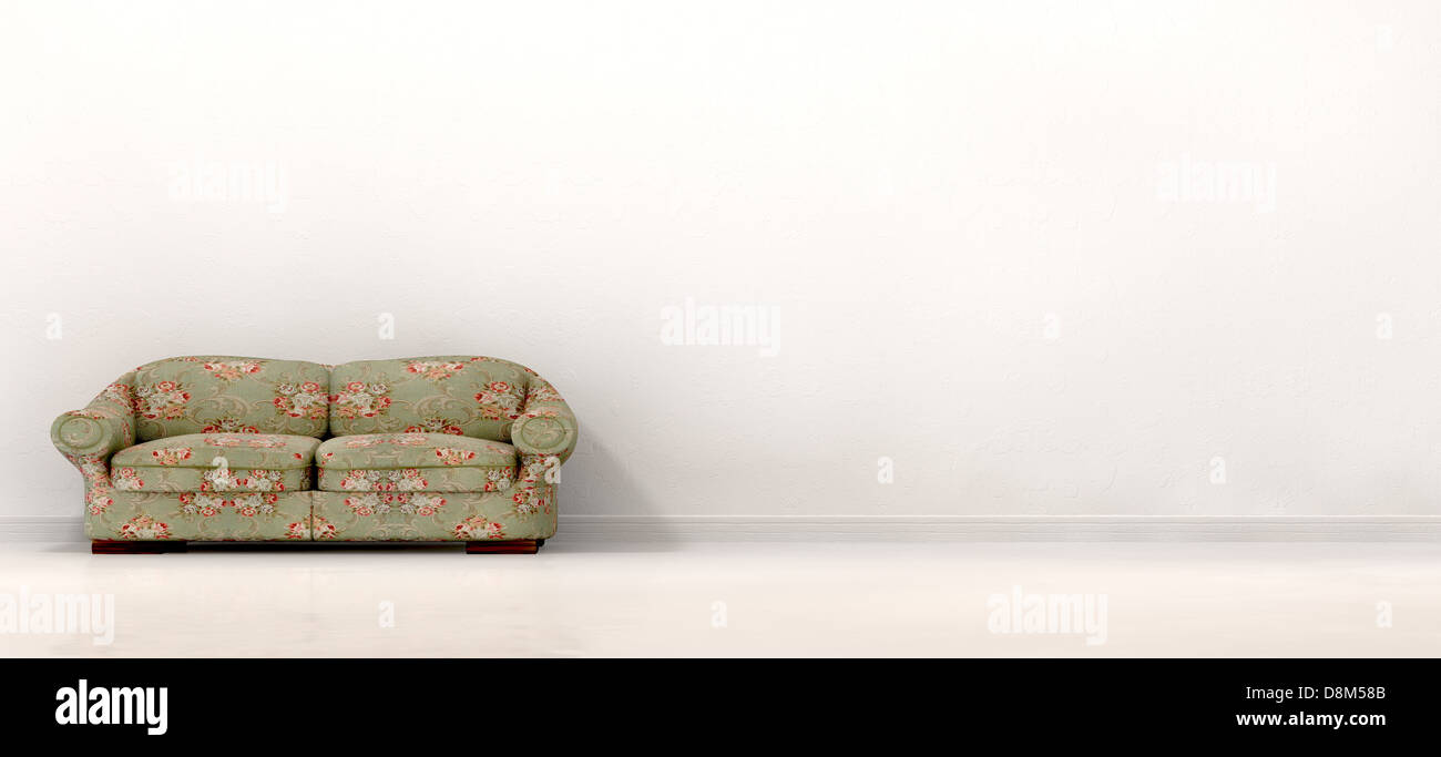 An front view of an old vintage couch in the left hand side of a stark ...