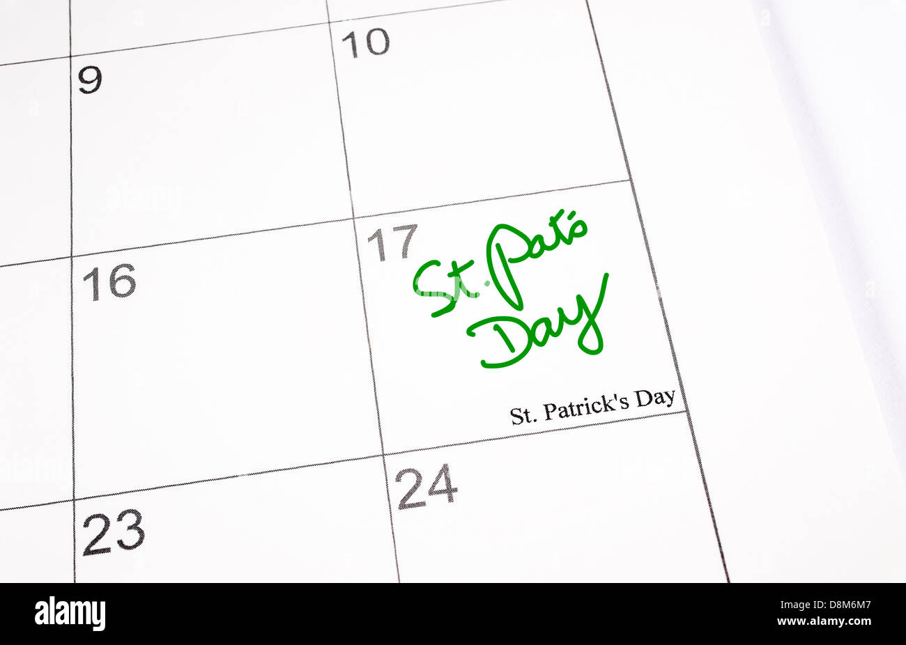 A calendar page showing 17th March, Saint Patrick's day. St. Pat's Day ...