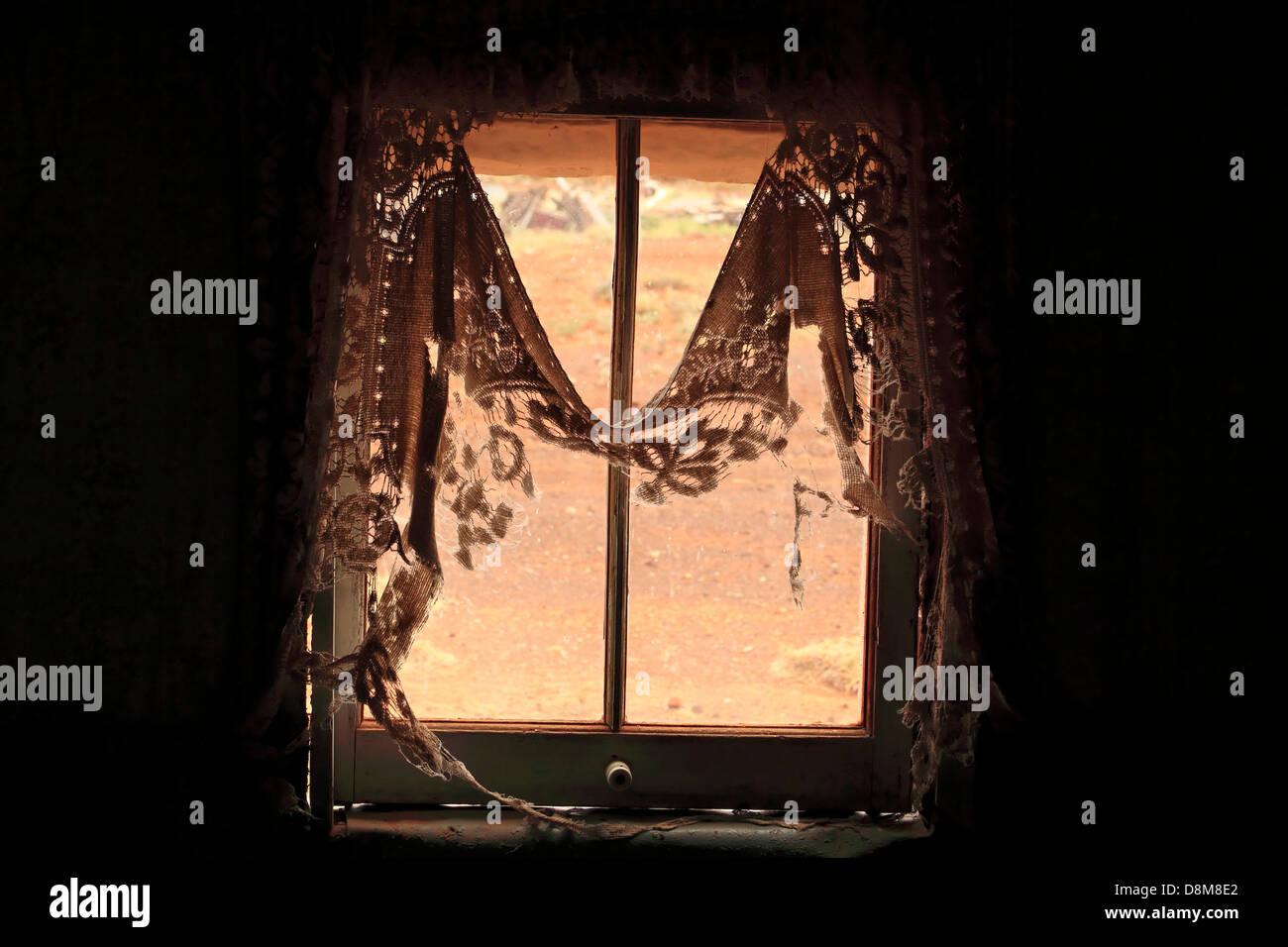 Old torn window curtains, Gwalia historical gold mining town, Leonora ...