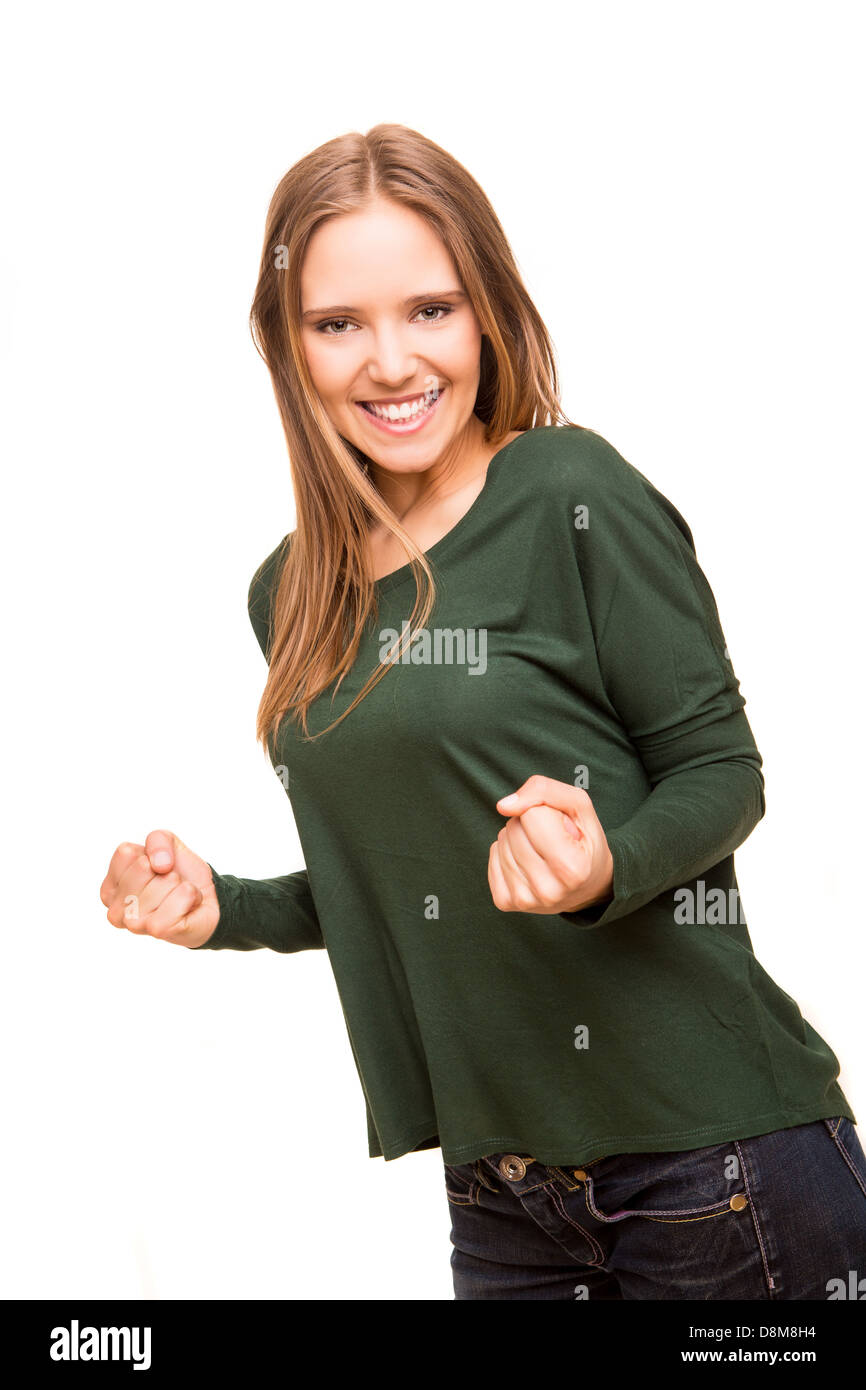 Beautiful blonde woman celebrating Stock Photo - Alamy
