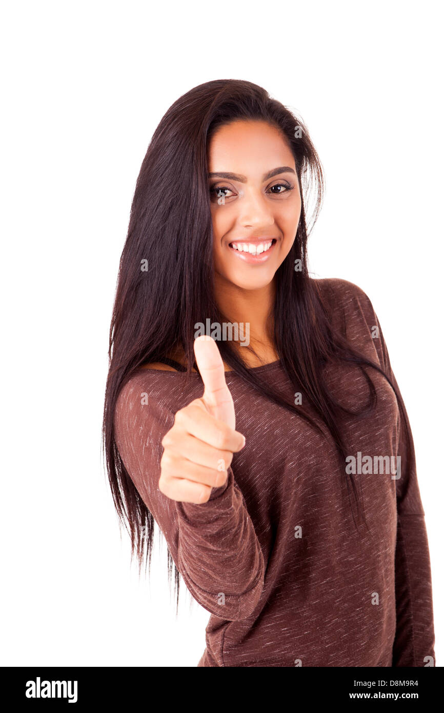 Beautiful mix race woman showing thumbs up over white background Stock ...