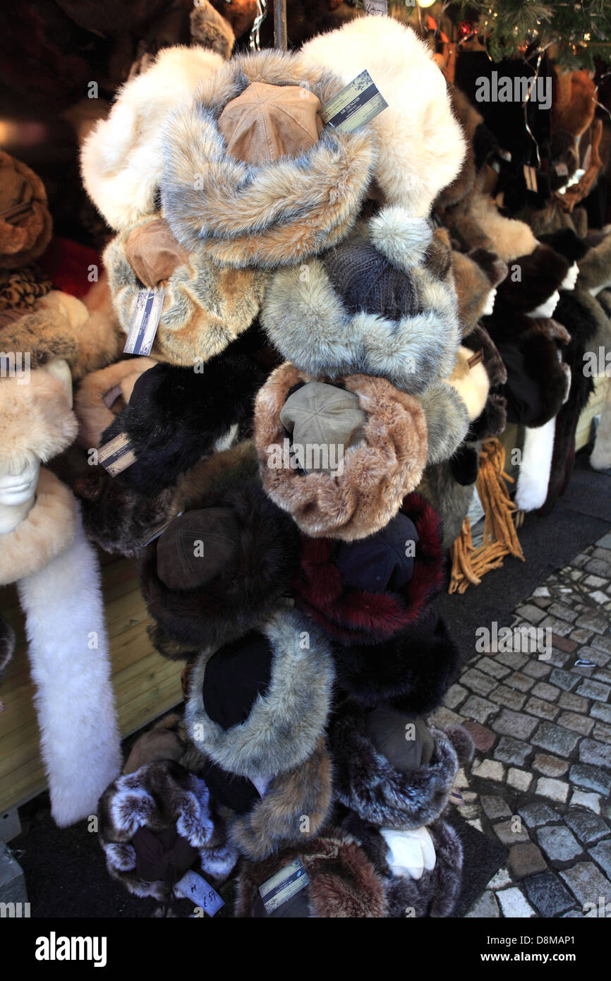 Fur hats for sale, Christmas market stall, Market place, Bruges City ...