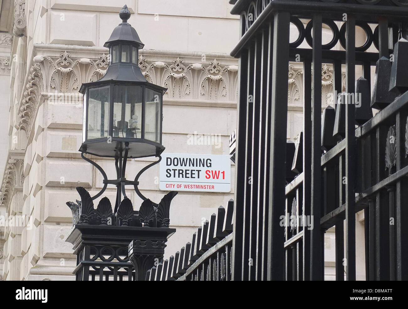 The road sign Downing Street in London, Great Britain, on 7th May 2013 ...