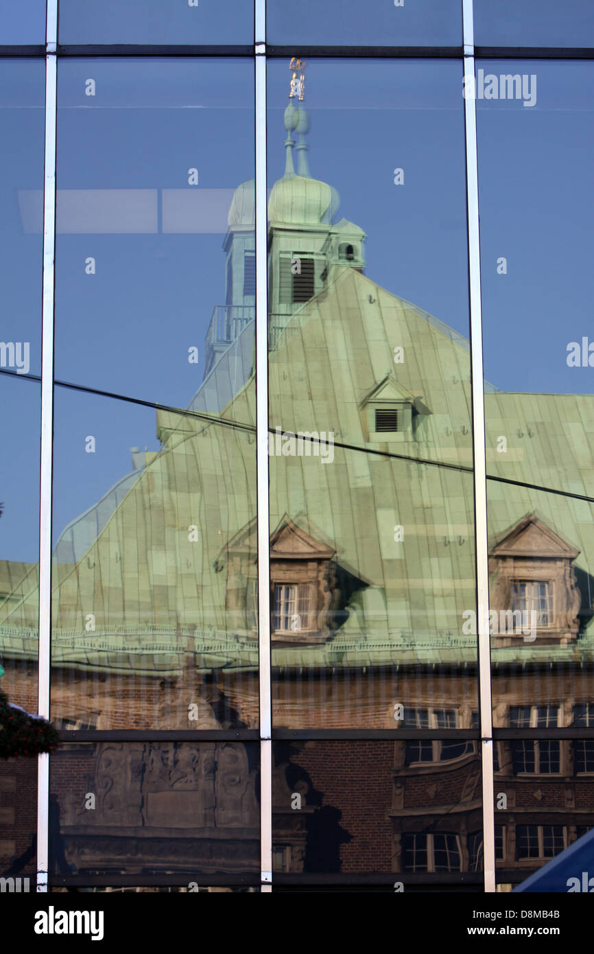 ancient town hall reflects in window Stock Photo - Alamy