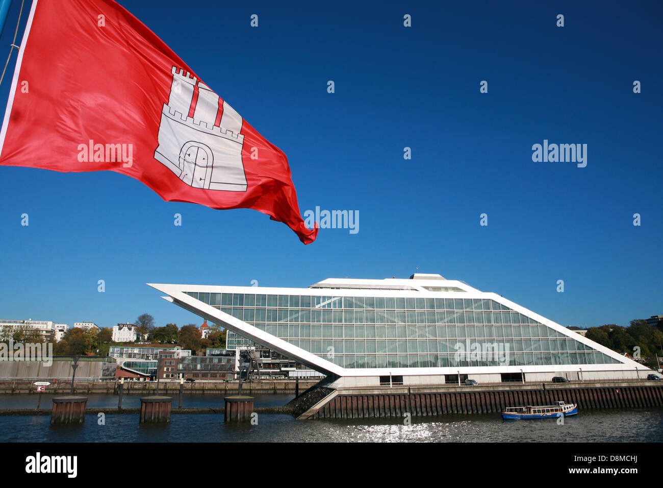 Hamburg Dockland and Flag Stock Photo - Alamy