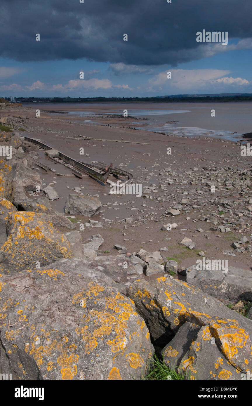 River Severn, flood defences, rocks, boulders,grass bank, mud, lichen ...