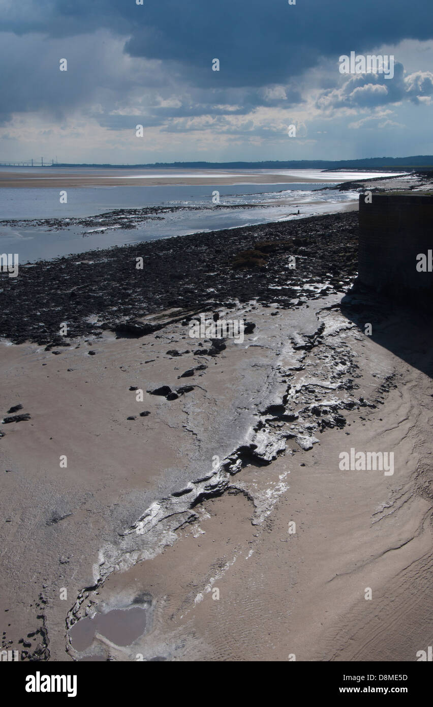 River Severn, flood defences, rocks, boulders, bank, mud, lichen ...