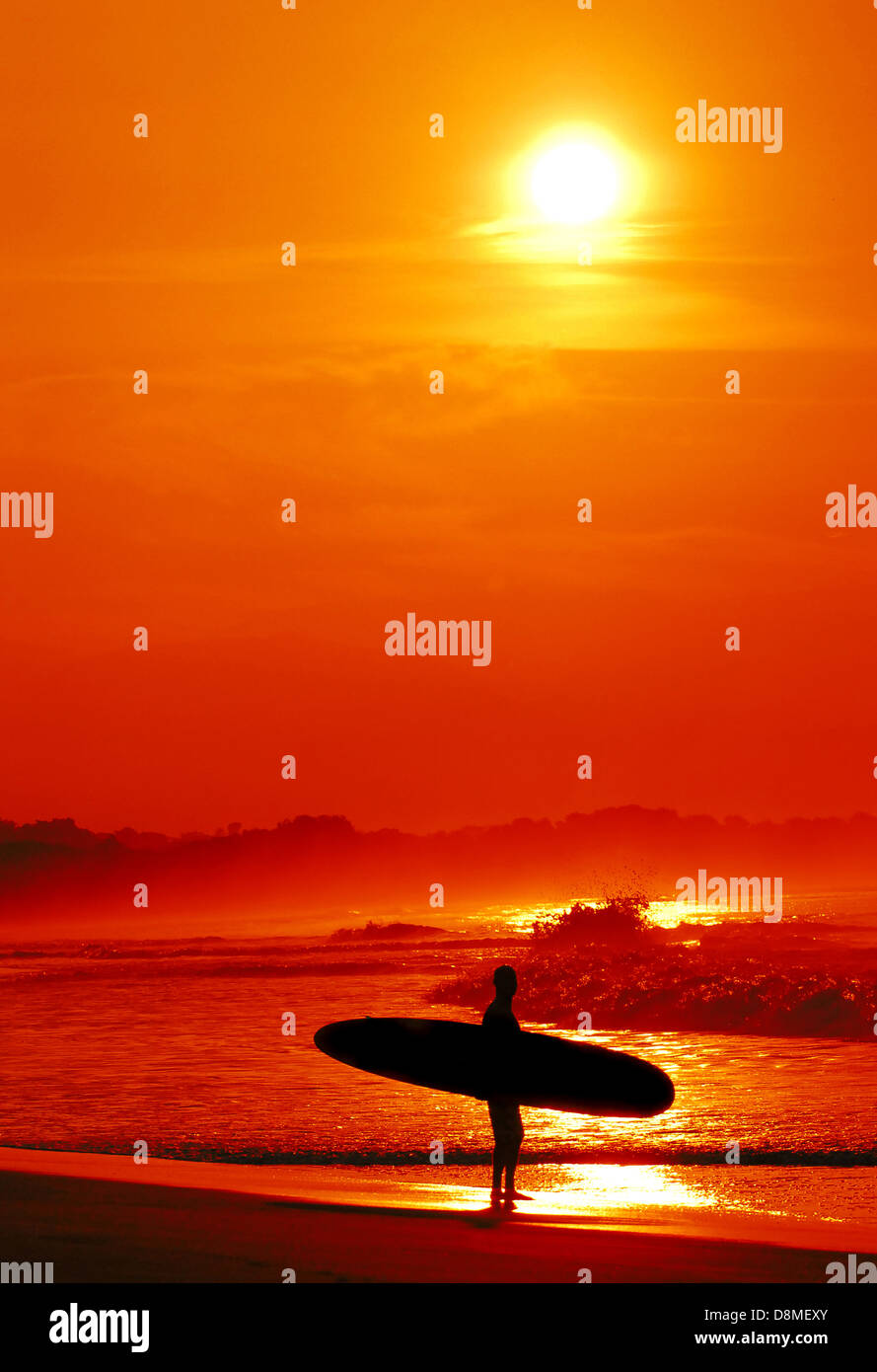Surfer with sunset background in Costa Rica Stock Photo - Alamy