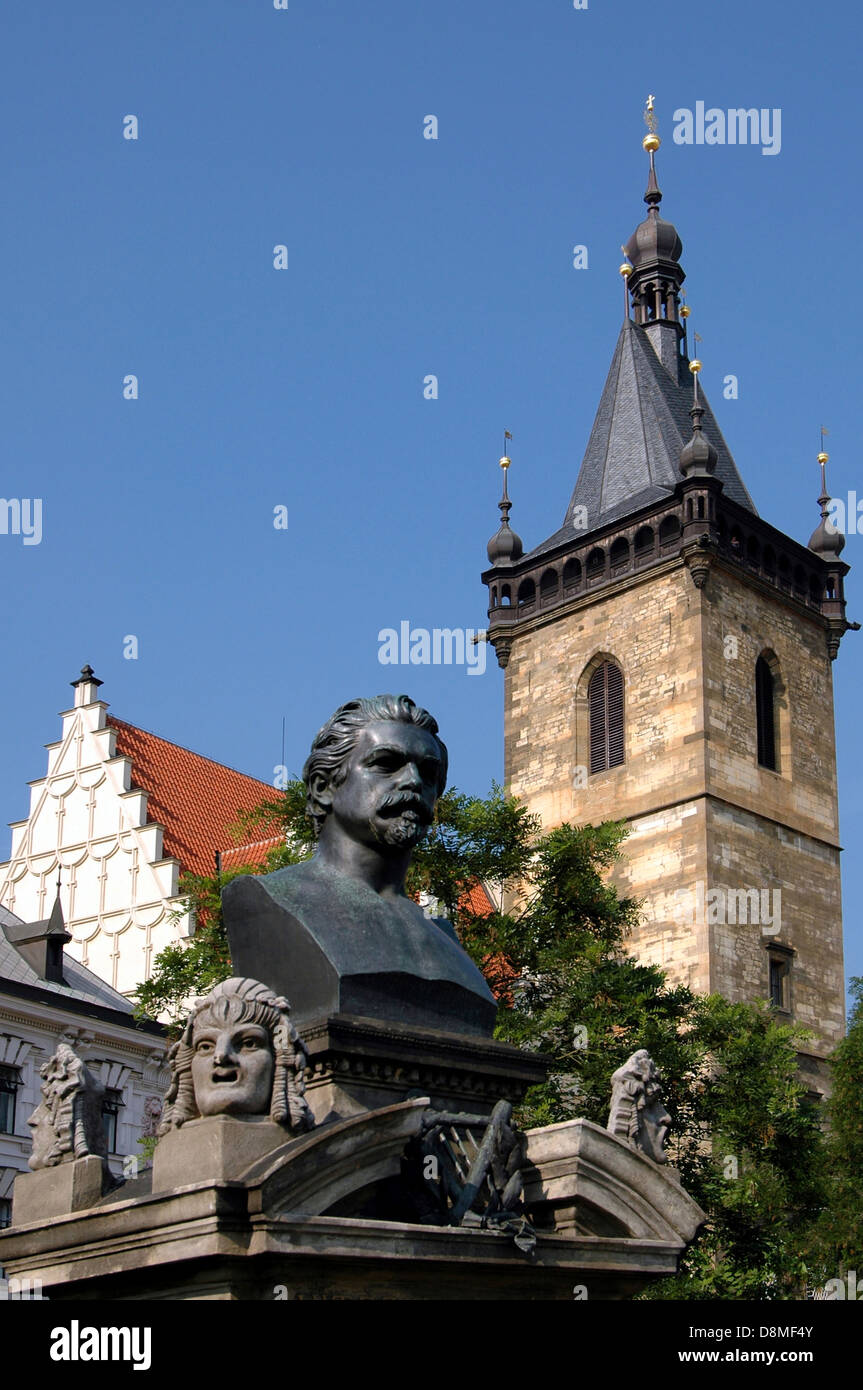 Bust of Vítezslav Hálek (1835-74) Czech poet in front of the New Town ...