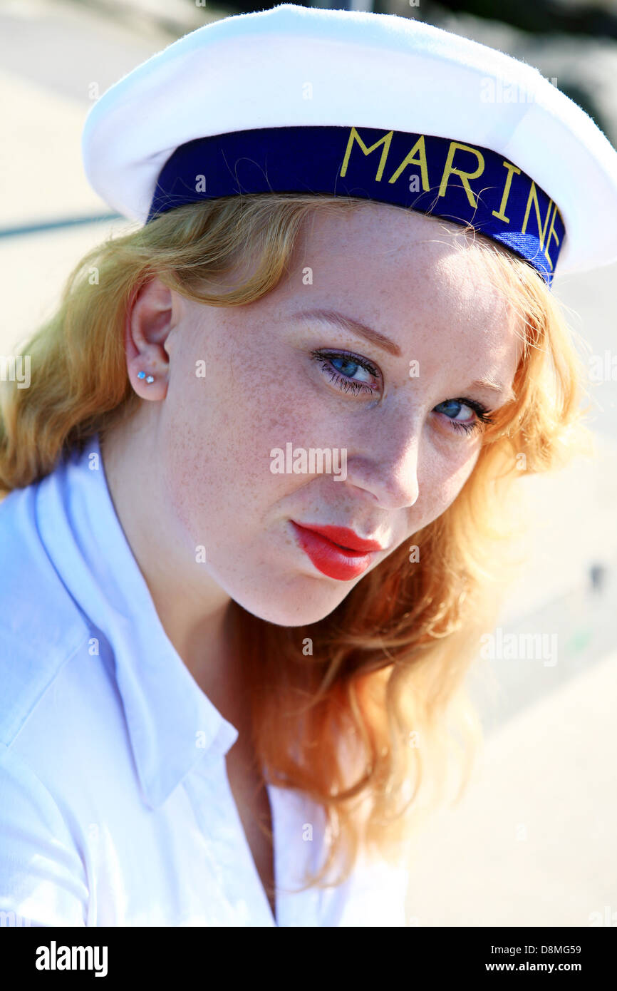 ginger woman in sailor's outfit Stock Photo - Alamy