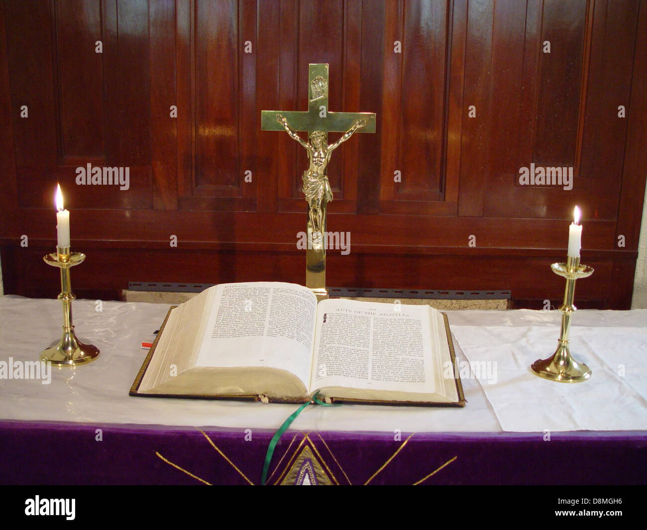 The altar and Bible at St. John's Lutheran Church, representing a place ...