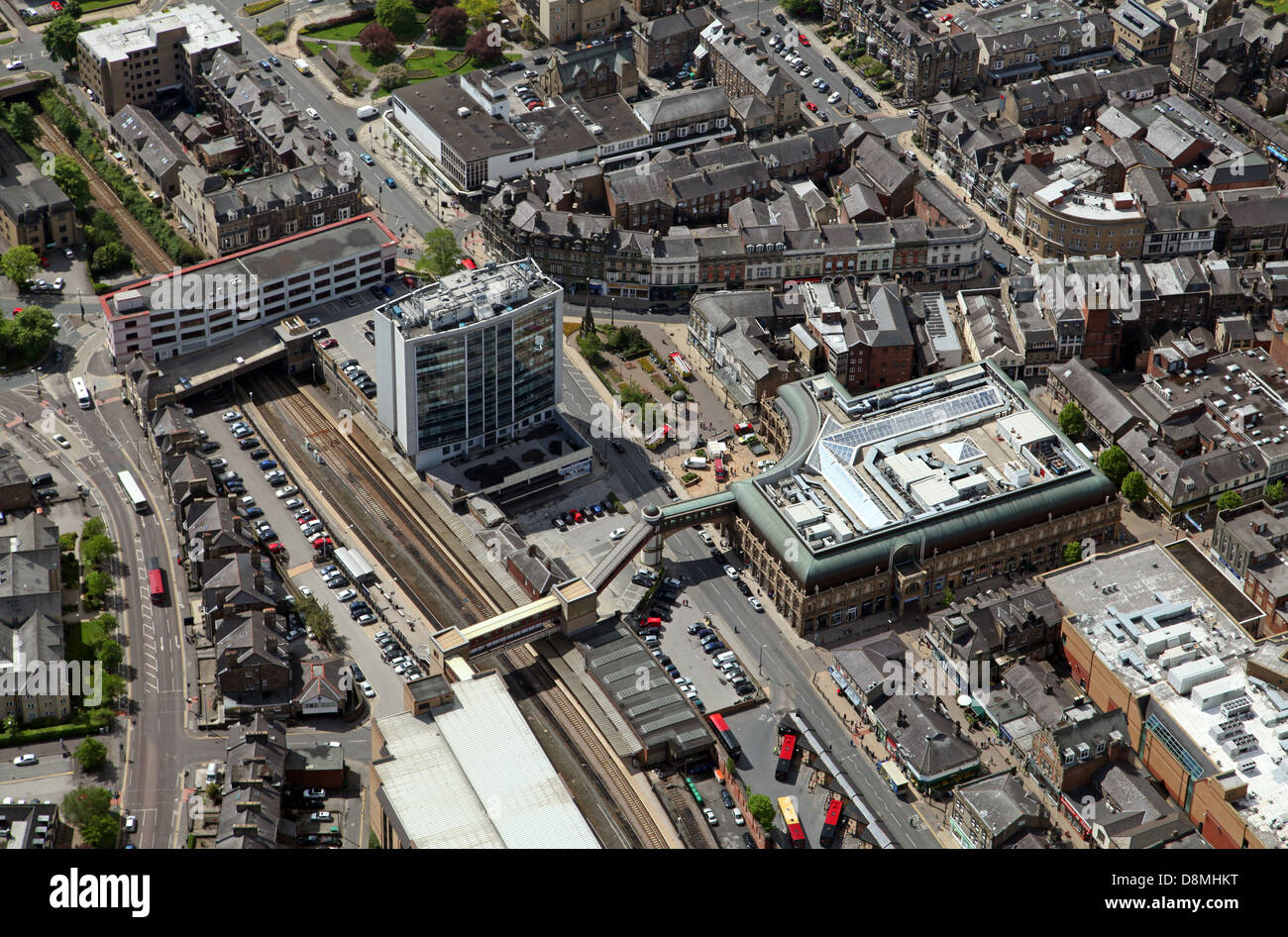aerial view of Harrogate town centre including the railway station ...