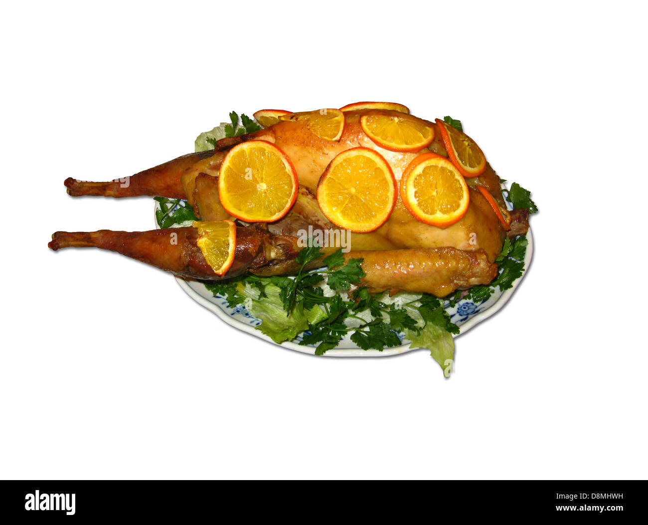 Fried hen lying on the plate on the white background Stock Photo - Alamy