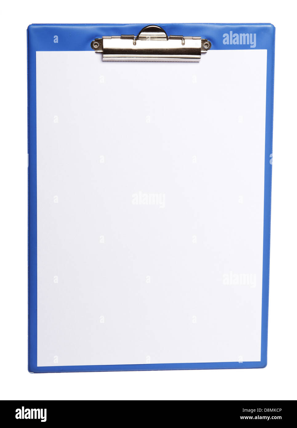 Blue clipboard with blank sheet paper isolated on white background ...