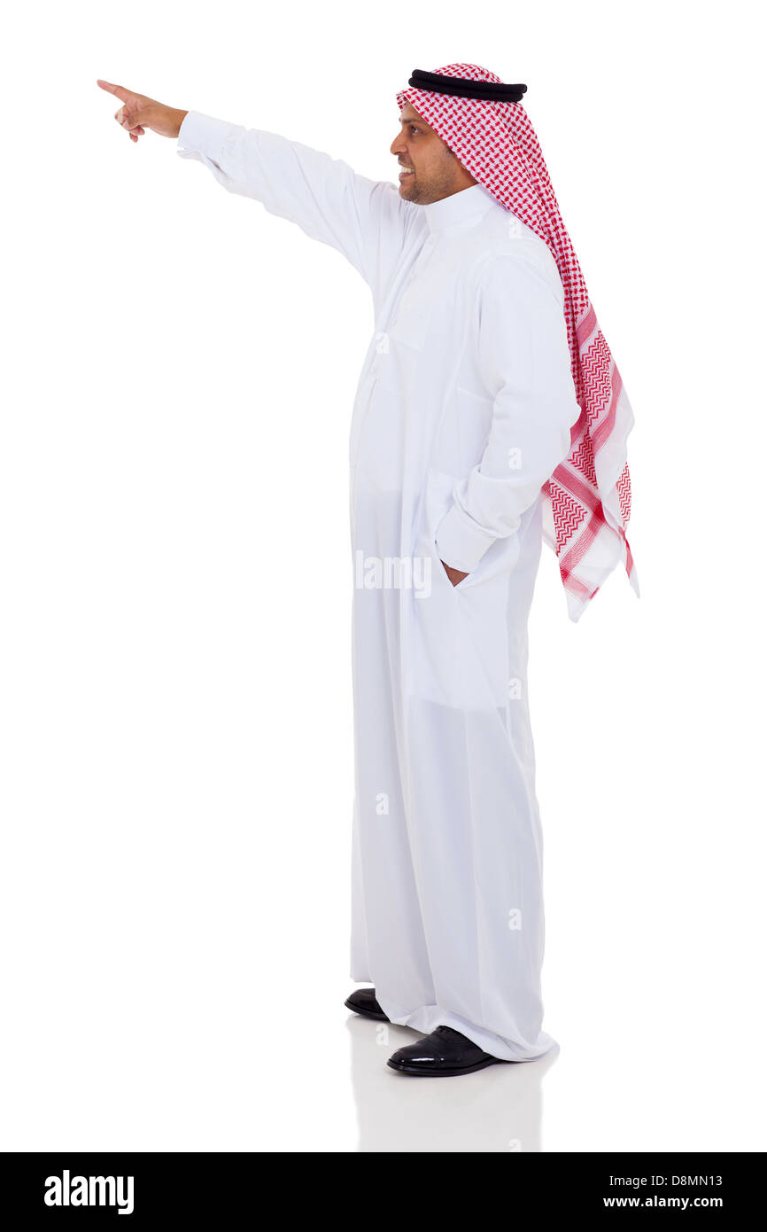 side view of arabian man pointing up, isolated on white Stock Photo - Alamy