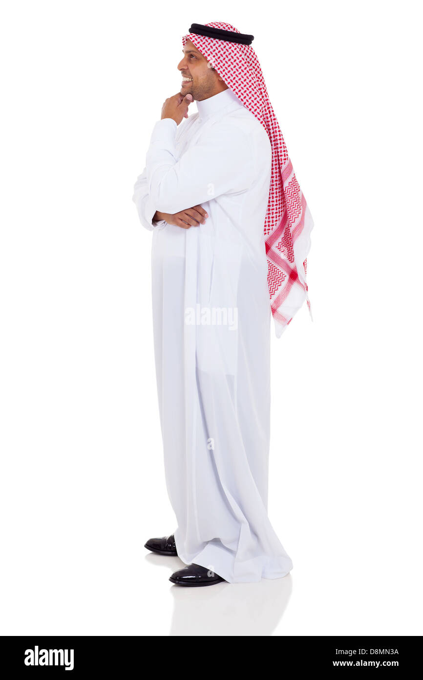side view of smiling islamic man on white background Stock Photo - Alamy