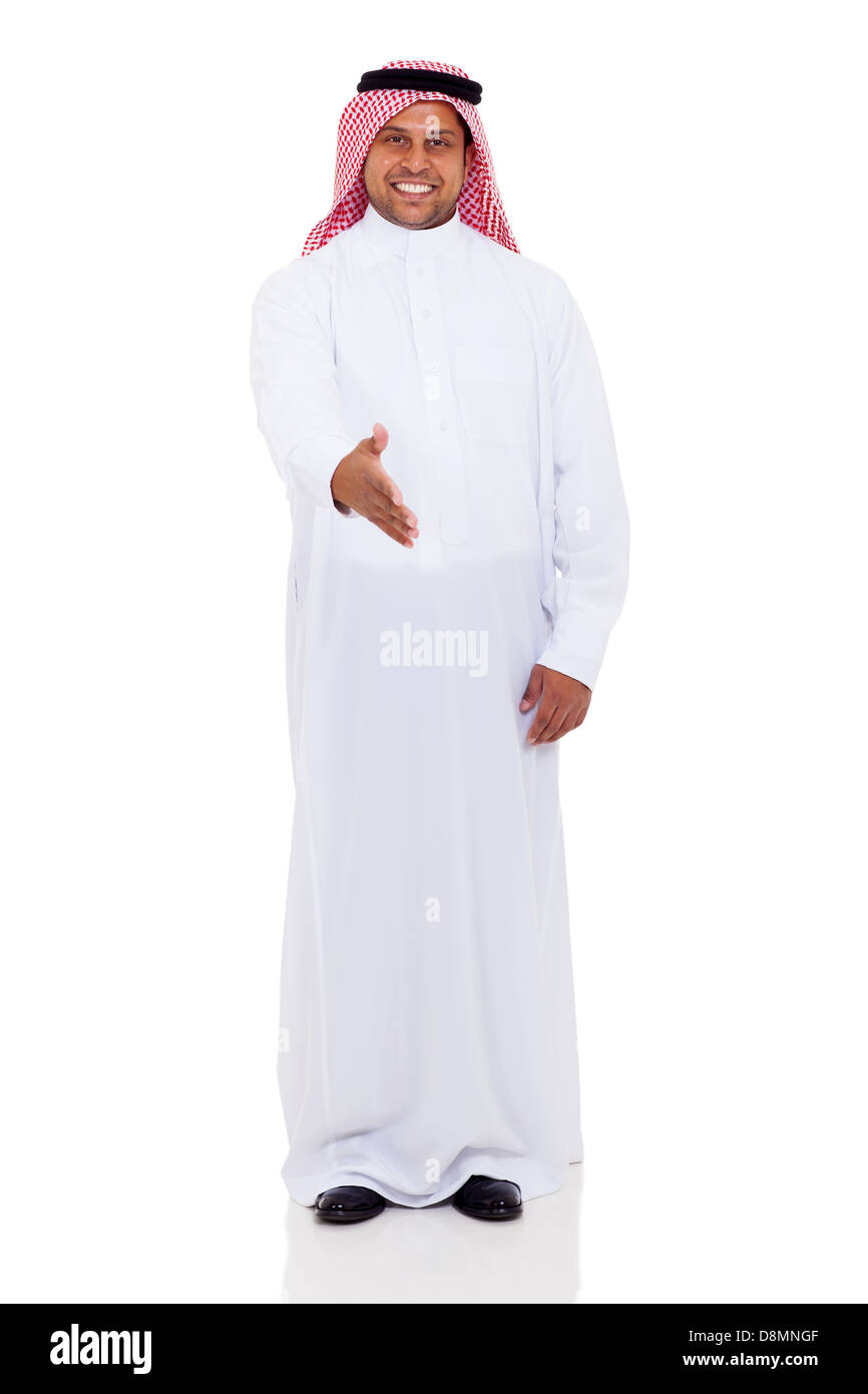 cheerful arabian man hand shake gesture on white background Stock Photo ...