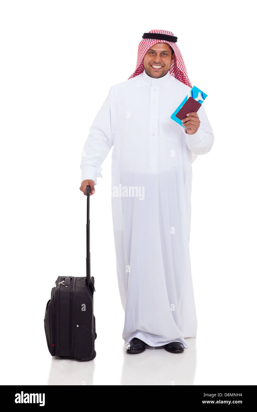 smiling middle eastern man with travel luggage and air ticket isolated ...