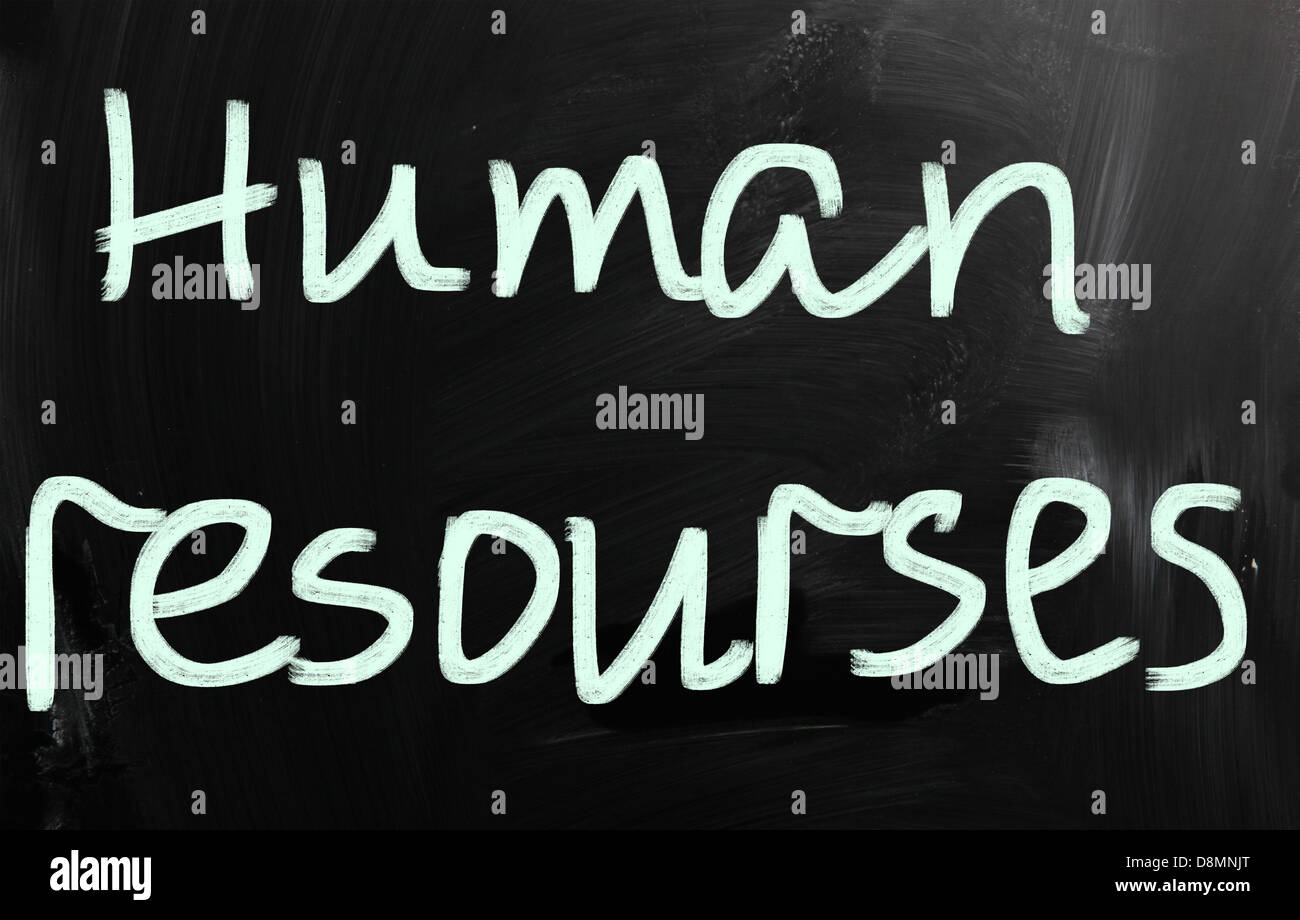 The word 'Human resources' handwritten with white chalk on a blackboard ...