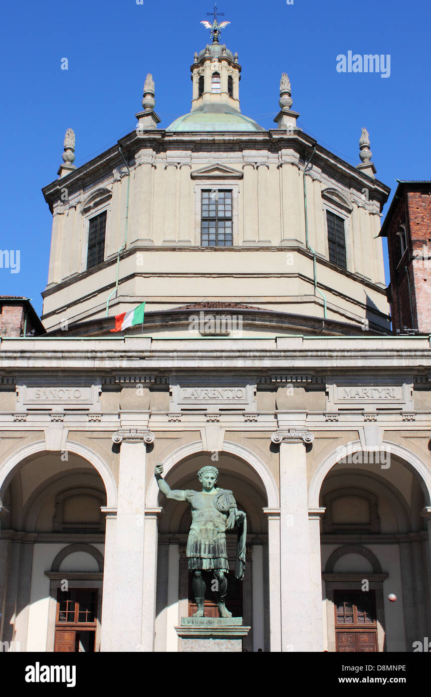Saint Lawrence cathedral and the statue of Emperor Constantin in Milan ...