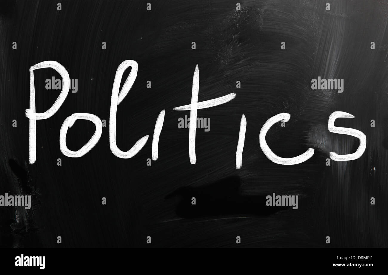 The word "Politics" handwritten with white chalk on a blackboard Stock ...