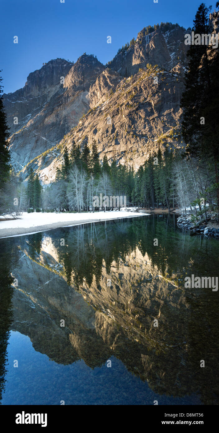 Ridge in Yosemite Valley reflected in the Merced River during the ...