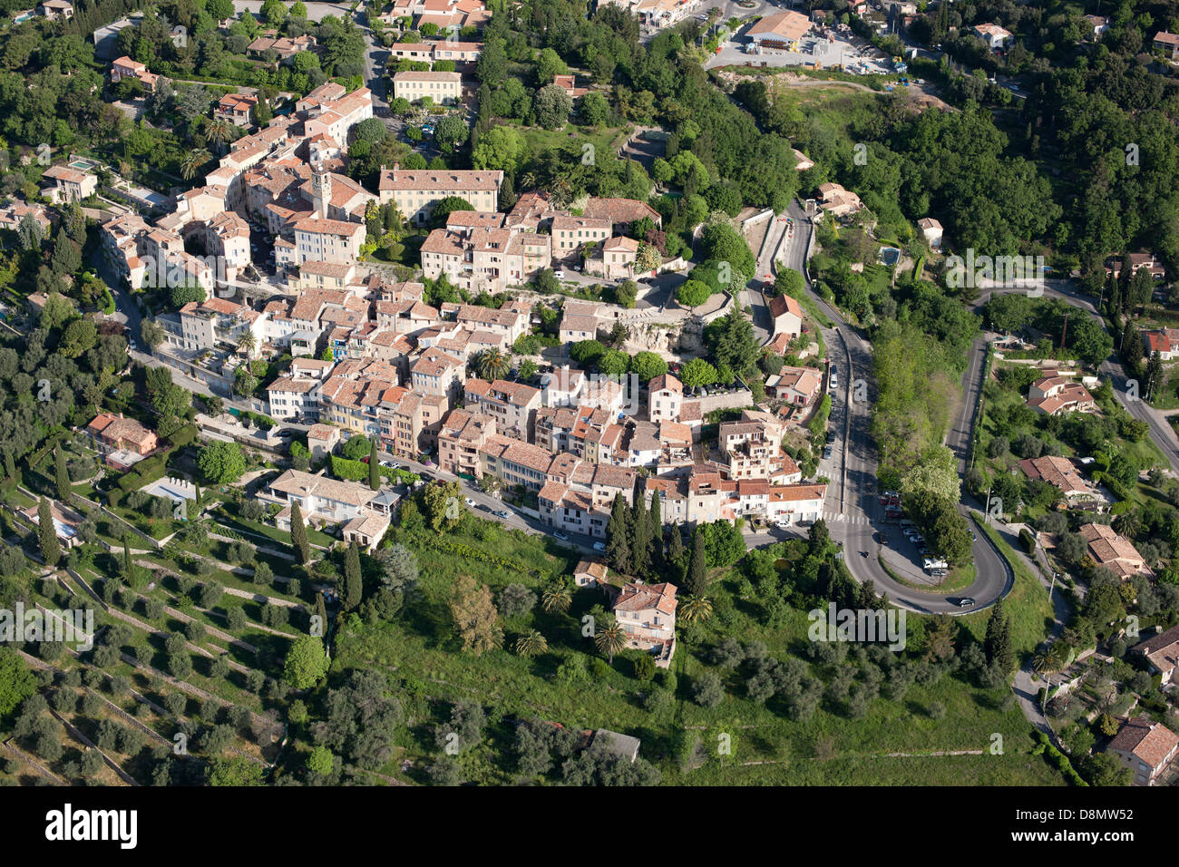 AERIAL VIEW. Perched medieval village. Chateauneuf-Grasse, French ...
