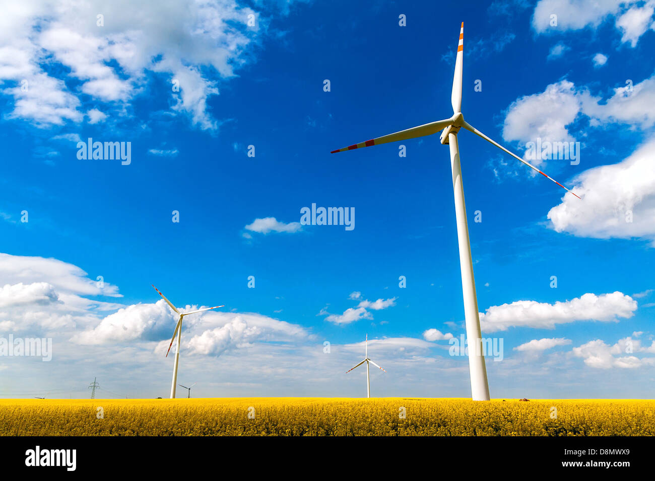 Summer landscape with energy wind turbines farm and rape field Stock ...