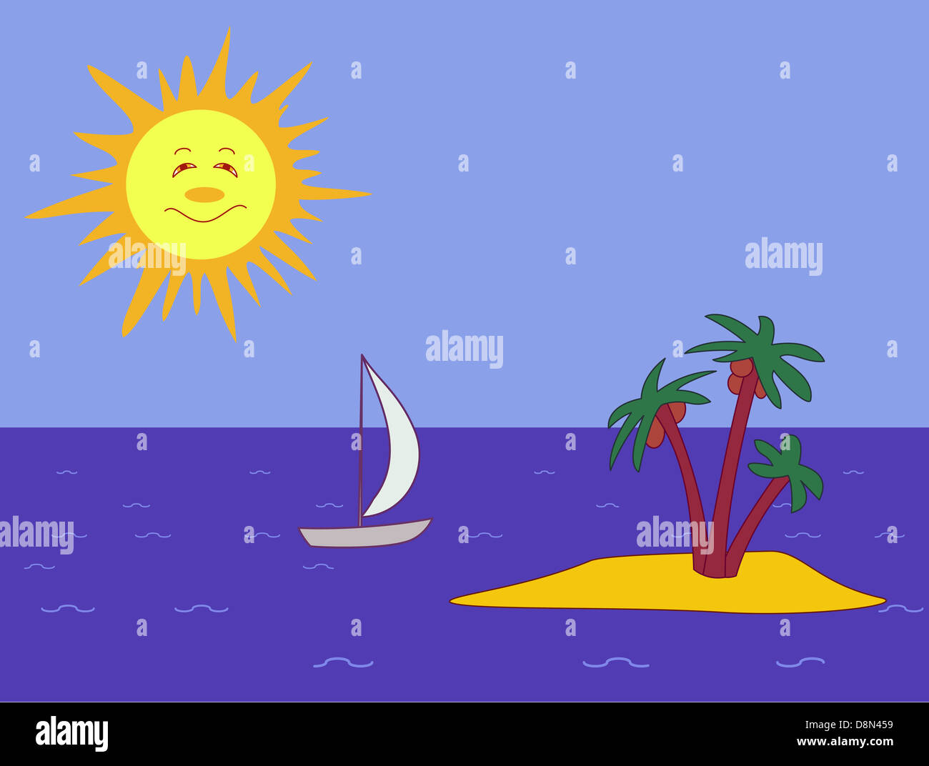Sun, vessel and island Stock Photo - Alamy