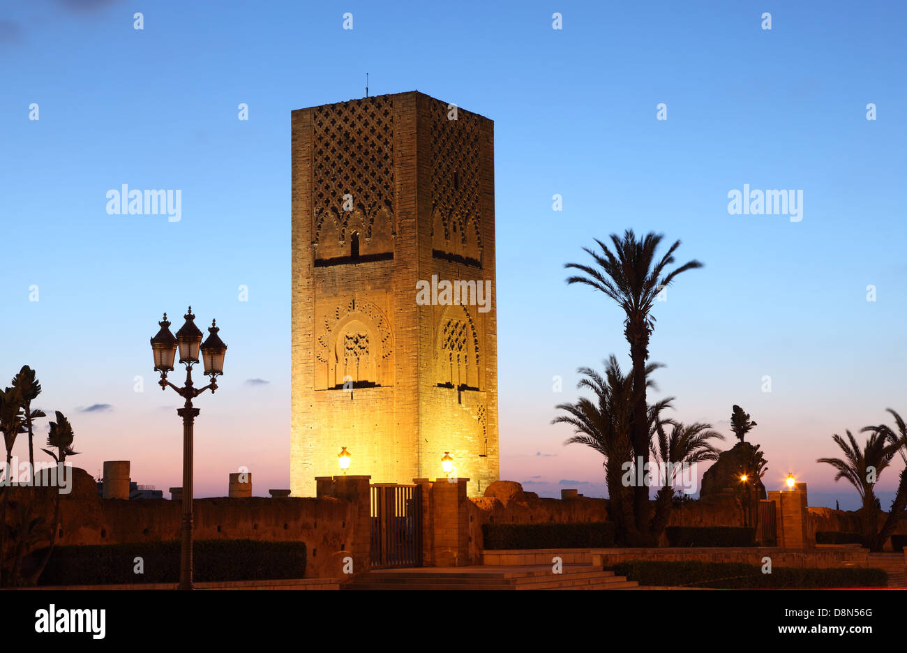 The Hassan Tower illuminated at night. Rabat, Morocco Stock Photo - Alamy
