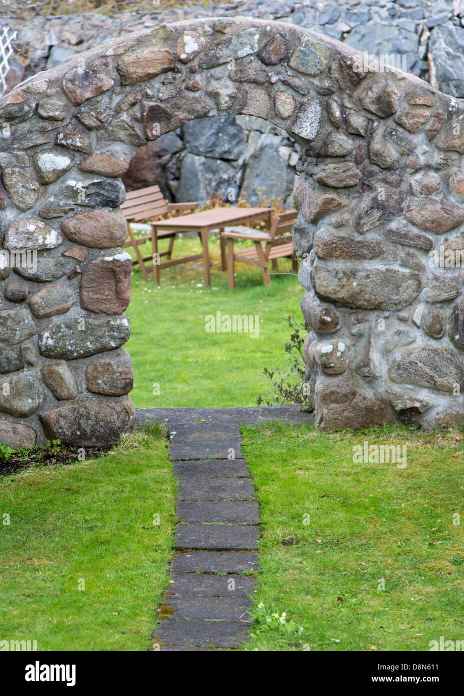 Stone wall and doorway in Styrso, an archipelago island near Gothenburg ...