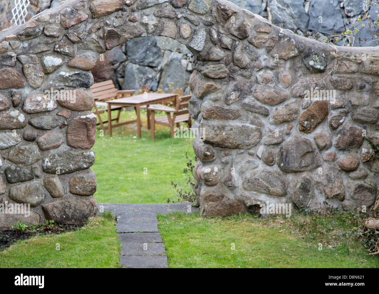 Stone wall and doorway in Styrso, an archipelago island near Gothenburg ...