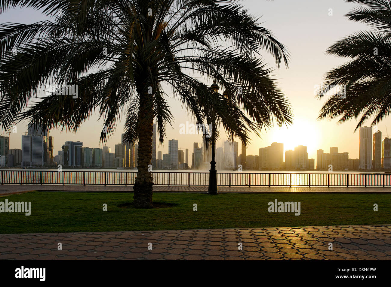 Sunset, Corniche Street, Golden Mile, Emirate of Sharjah, United Arab ...