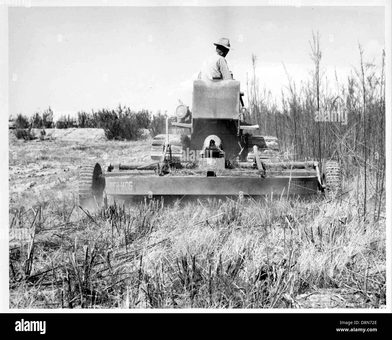 A brush hog cutter, attached to a TD 6 tractor, is used to clear brush ...