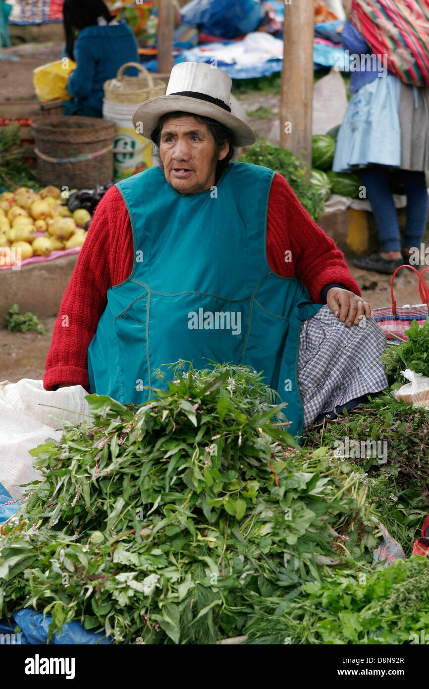 Quechua woman on traditional indigenous Sunday market in Chinchero near ...