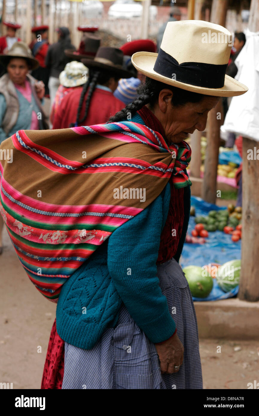 Quechua woman on traditional indigenous Sunday market in Chinchero near ...