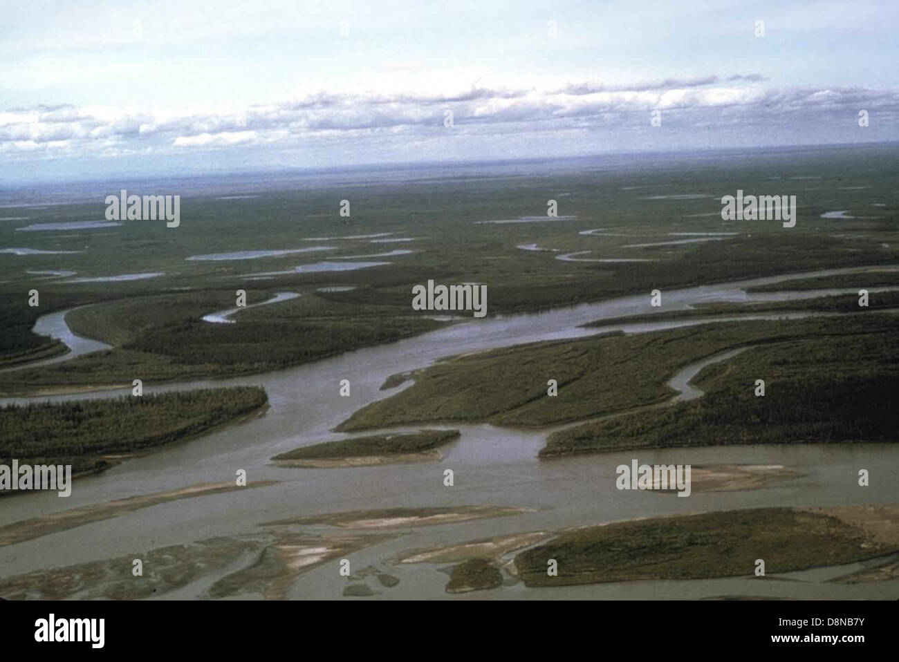 An aerial view of the mouth of several tributaries merging into a river ...
