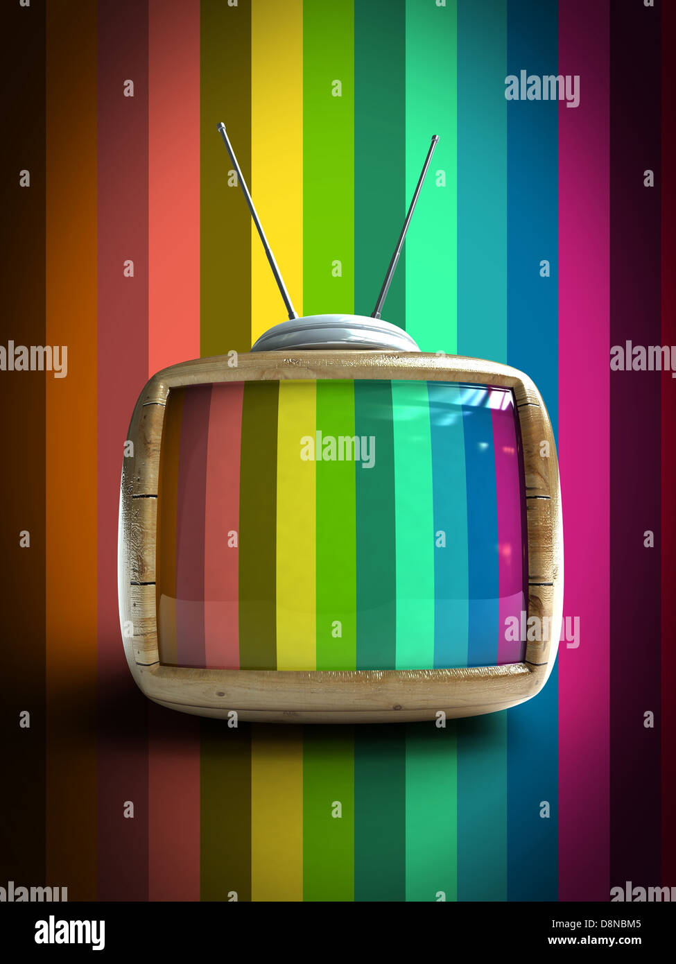 3d Stylish wooden classic tv -colorful no signal background Stock Photo ...