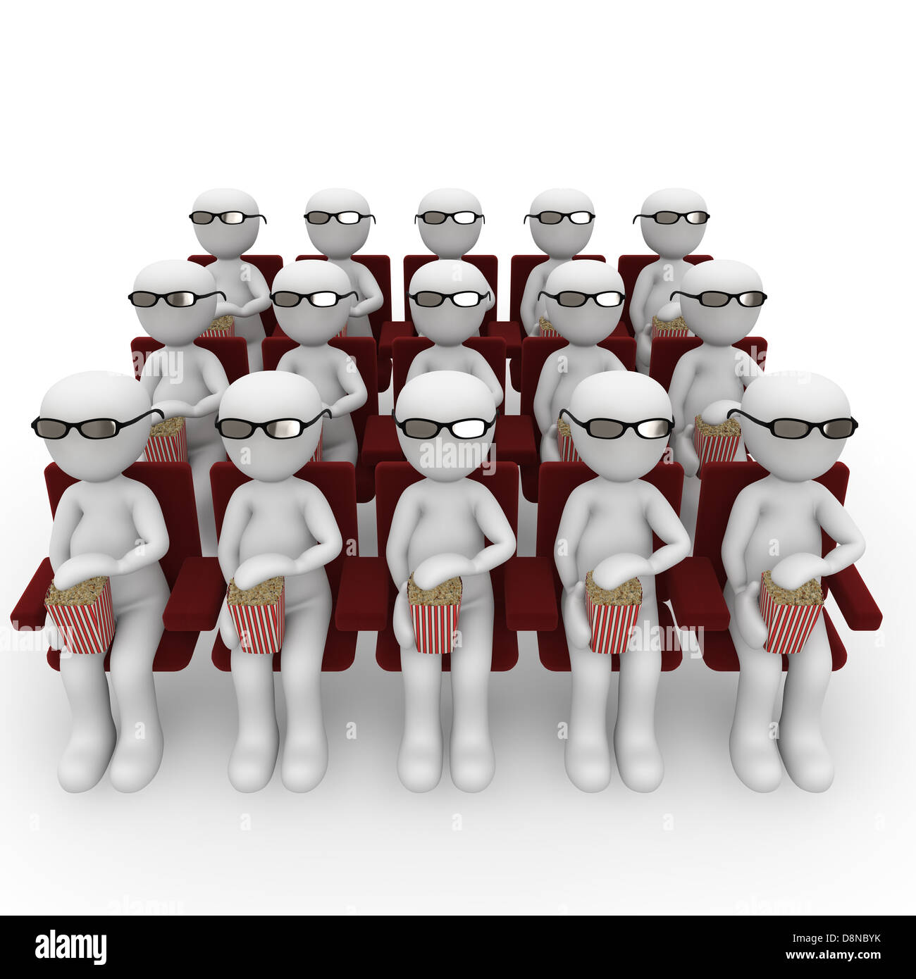 Many characters sitting in the cinema and look at eating popcorn at a ...