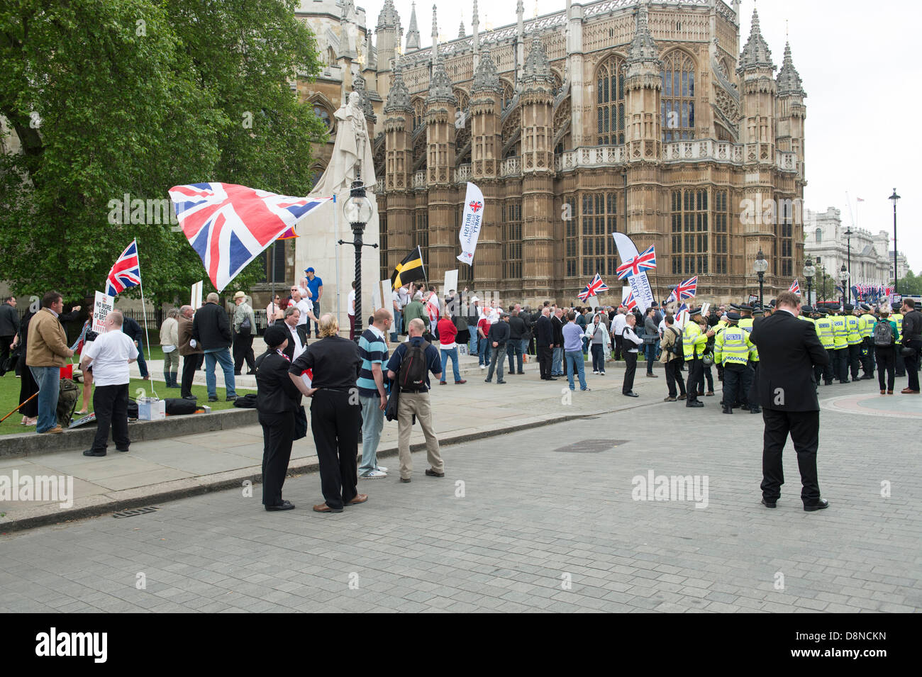 A small group of BNP supporters gather opposite Parliament, waiting to ...