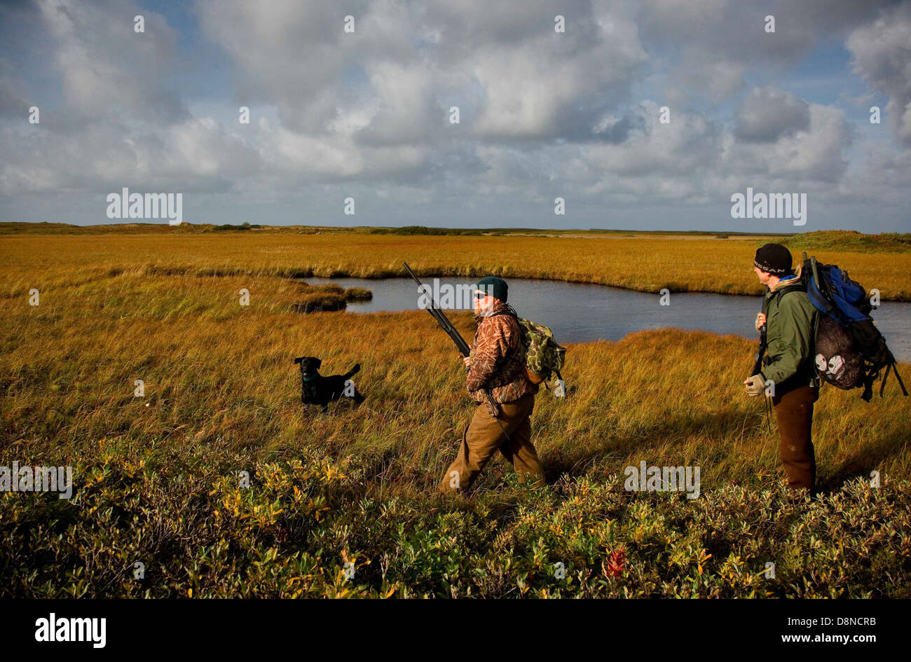 Two men, accompanied by a black dog, are seen hunting in an outdoor ...