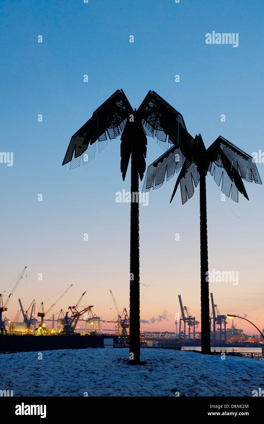 Steel palm trees against blue sky at Park Fiction, St. Pauli, Hamburg ...