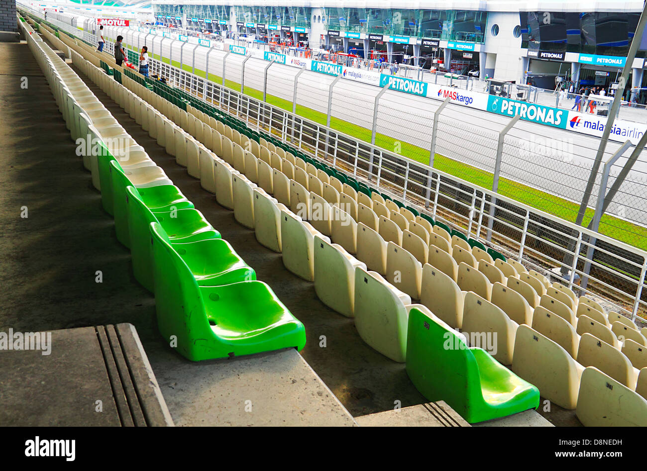 Rows of seats at the main grandstand overlooking the starting ...