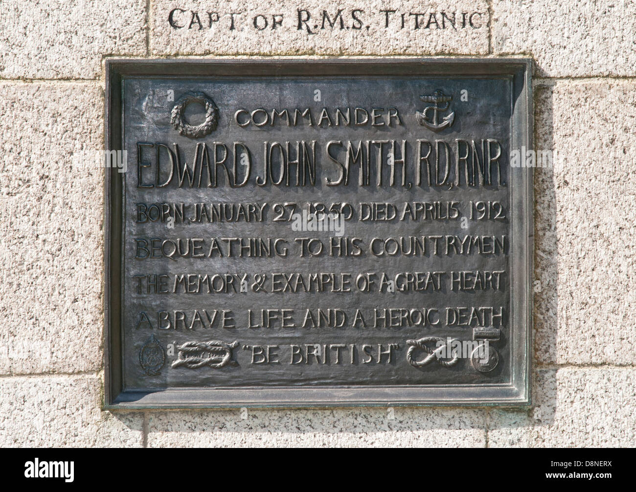 Plaque on statue of Commander Edward John Smith Captain of the Titanic ...